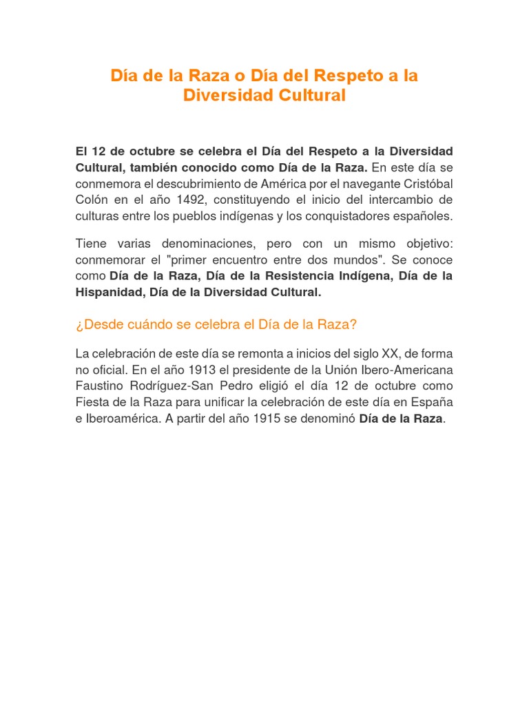 Día de La Raza o Día Del Respeto A La Diversidad Cultural | PDF