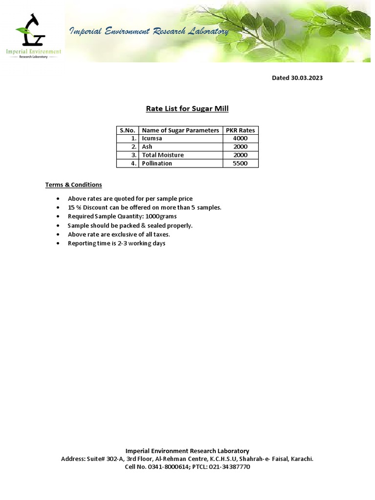 Imperial Environment Research Laboratory: Rate List For Sugar Mill | PDF