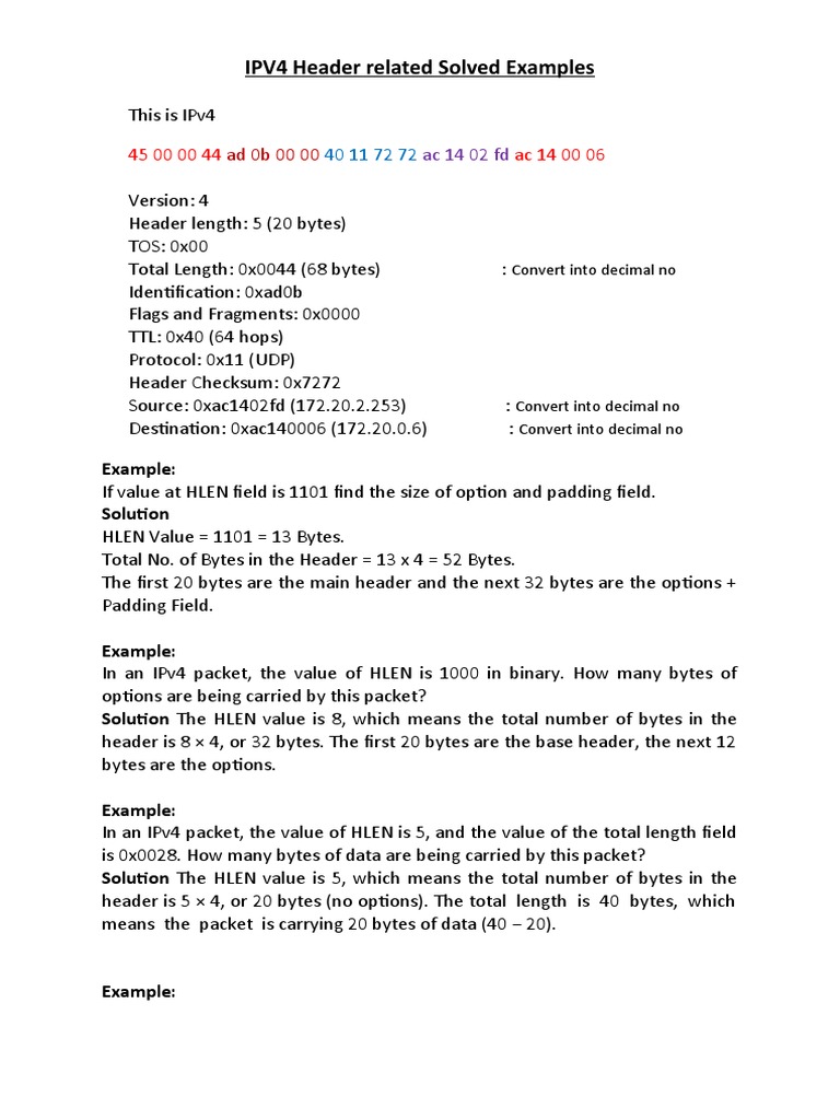 IPv4 Header Solved Examples | PDF