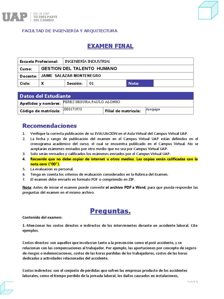 9.-EXAMEN FINAL GESTION DEL TALENTO HUMANO 2022-2 Con Rublica - F. Nuevo | PDF | Seguridad y ...