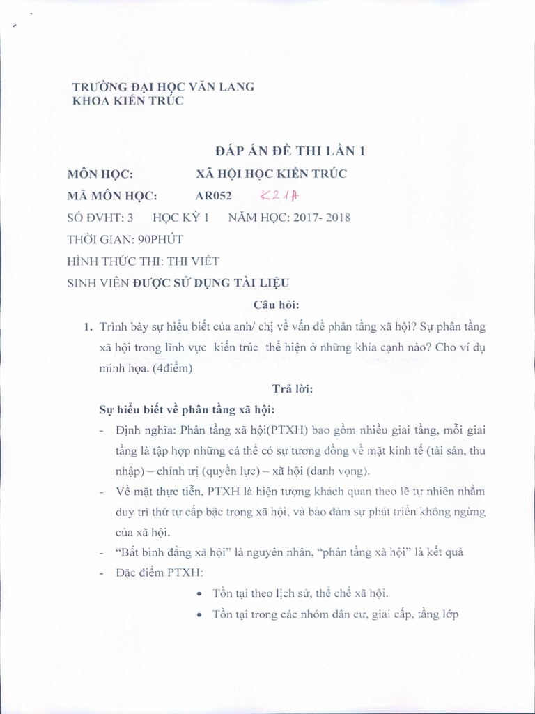 Da - Ar052 - K21a-Xa Hoi Hoc Kien Truc-Dap An-L1, L2 | PDF