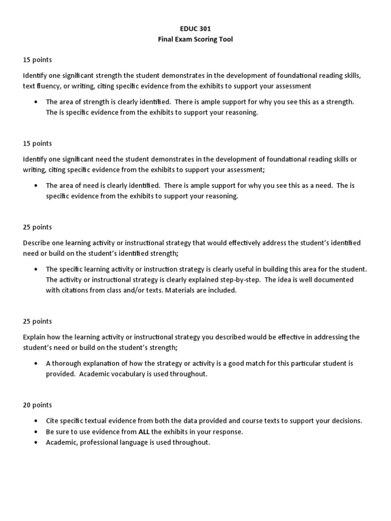 Educ 301 Final Exam Scoringtool | PDF