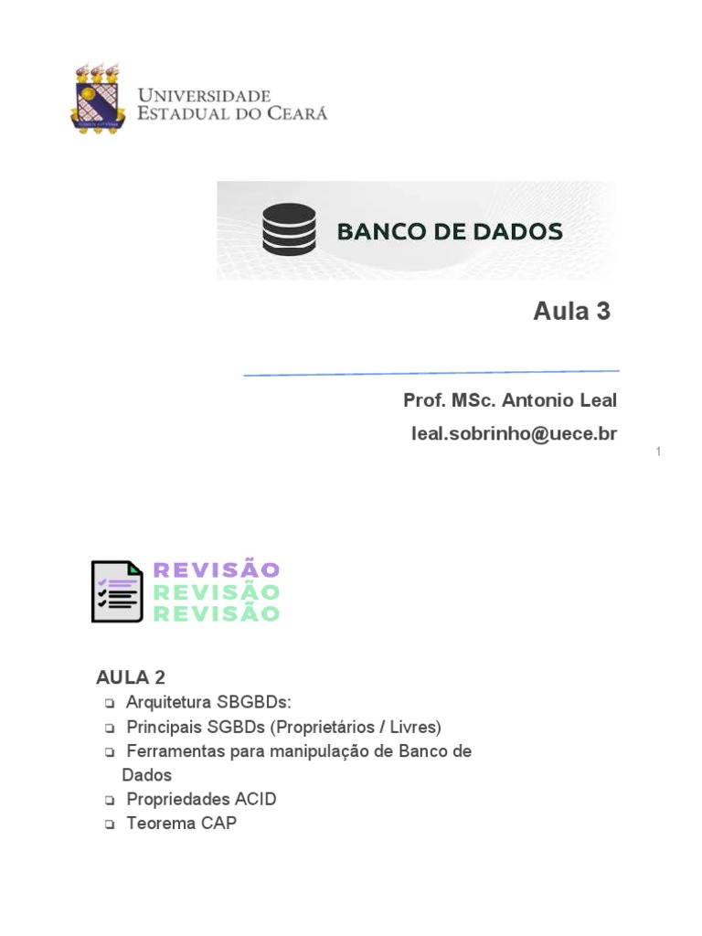 Aula 3 Sgbds E Modelos De Dados Pdf Bancos De Dados No Sql 