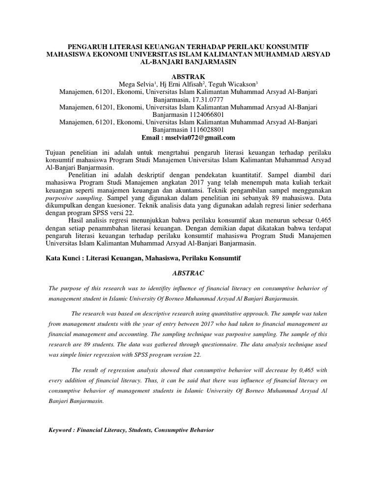Pengaruh Literasi Keuangan Terhadap Perilaku Konsumtif Mahasiswa Ekonomi Universitas Islam ...