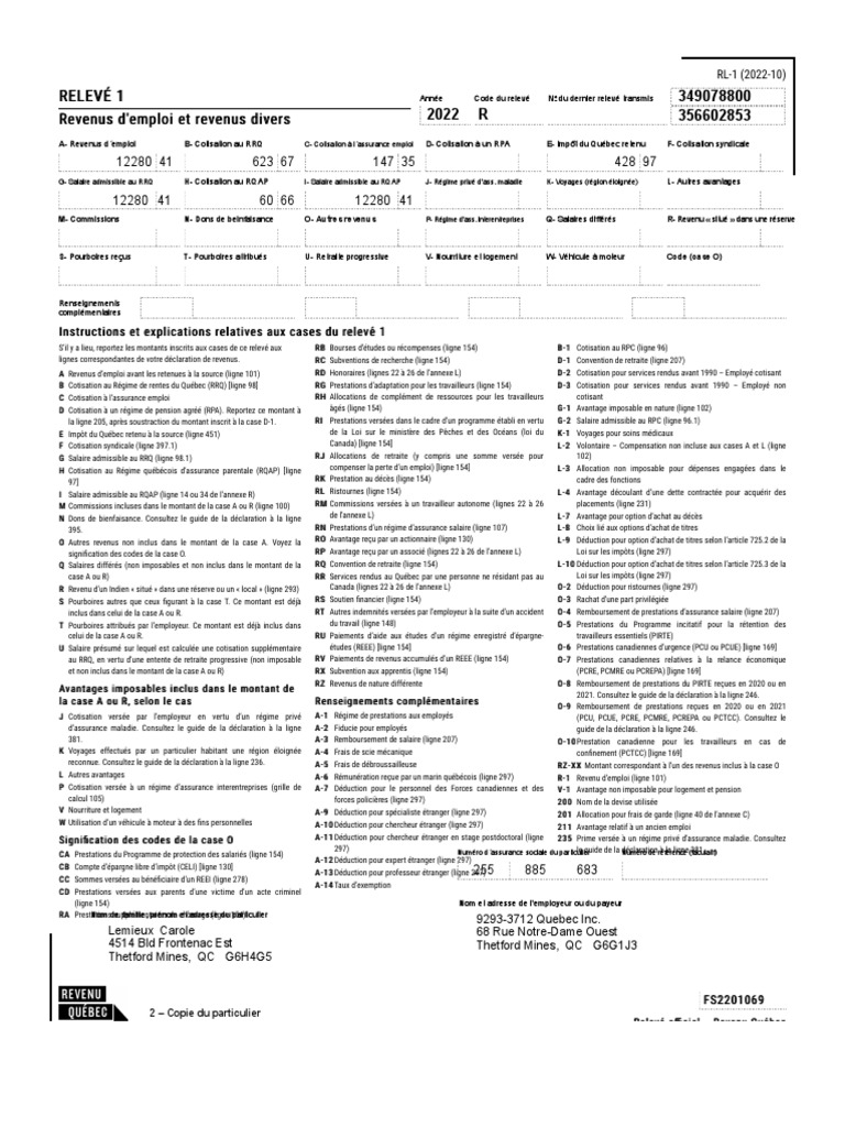 Relevé 1 Relevé 1: Revenus D'emploi Et Revenus Divers Revenus D'emploi ...