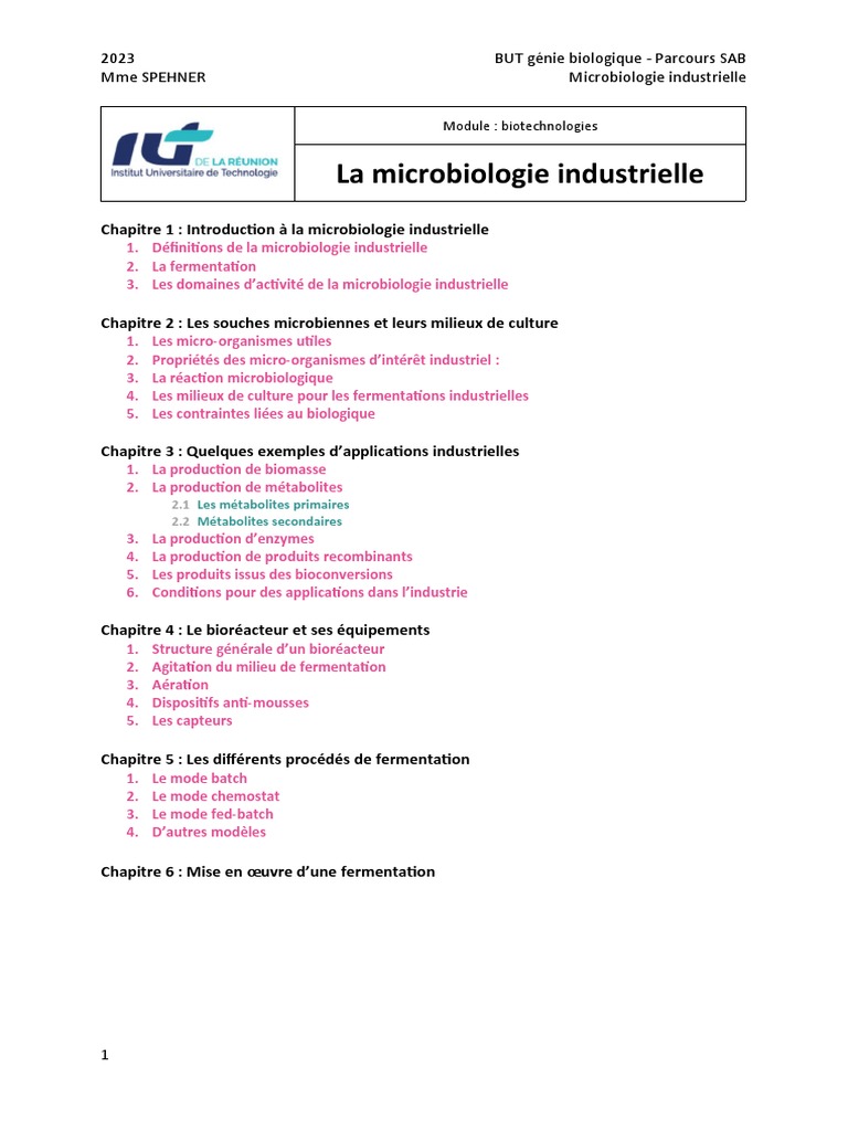 Cours - Microbiologie Industrielle - BUT GB 2 | PDF | Microbiologie ...