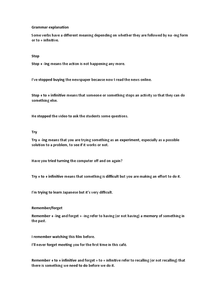 Verb Pattern Explanation Try Stop Remember | PDF