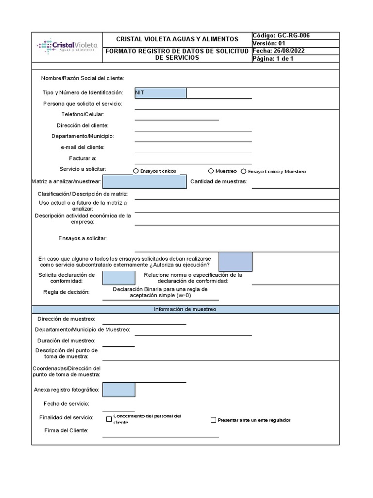 GC-RG-006 Formato Resgistro de Datos de Solicitud de Servicio | PDF GC-RG-006 Formato Resgistro de Datos de Solicitud de Servicio | PDF