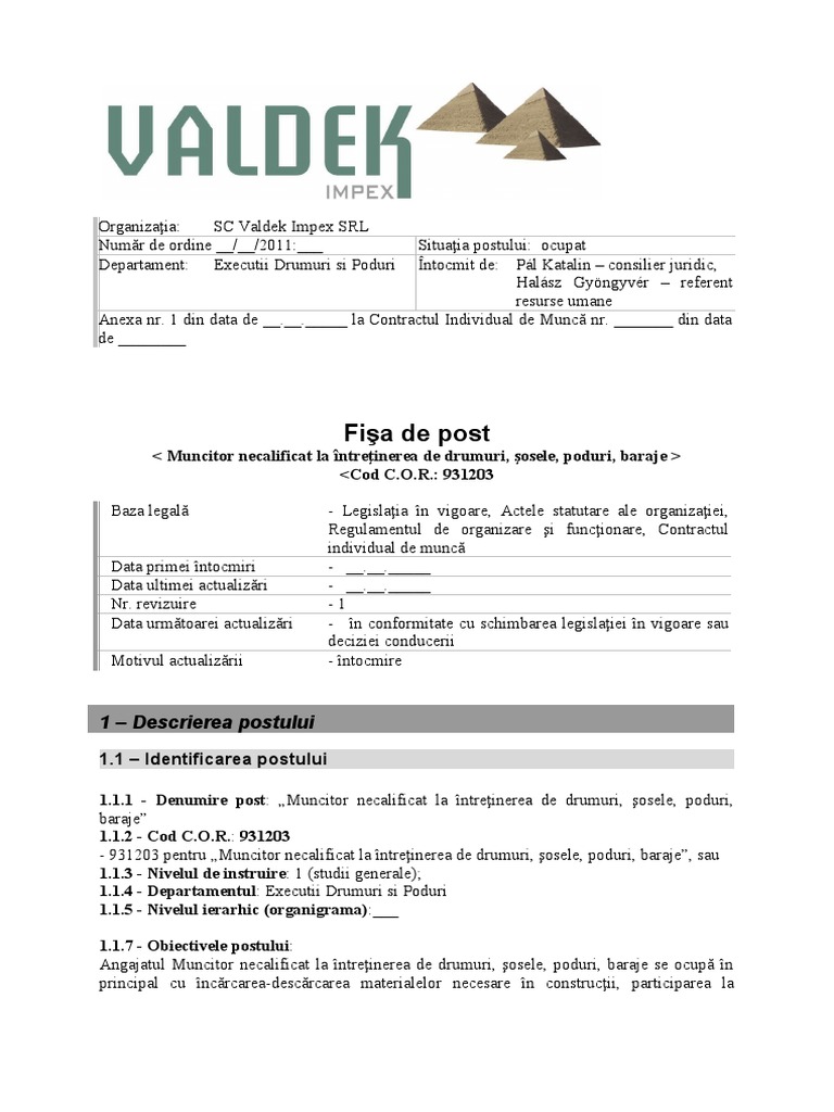 Vdocuments - MX Model Fisa Post Muncitor Necalificat in Constructii | PDF