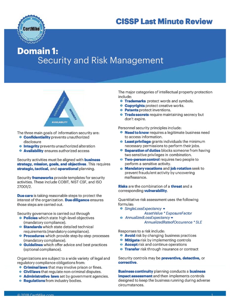 Domain 1: Security and Risk Management | PDF | Transmission Control ...