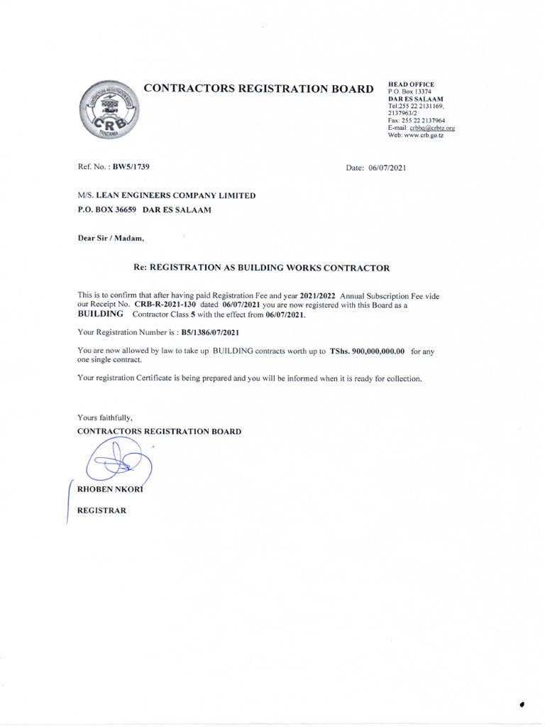 Registration Confirmation Letters for Lean Engineers Company Limited as ...