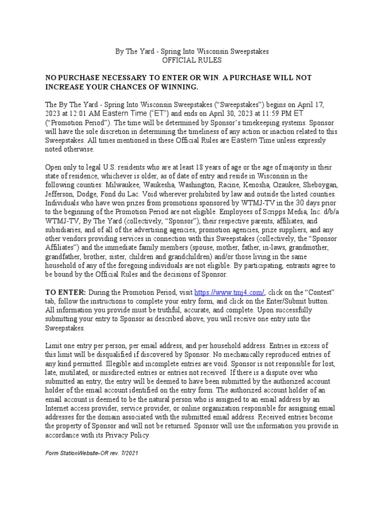 Spring Into Wisconsin Sweepstakes Rules | PDF | Jurisdiction | Private Law