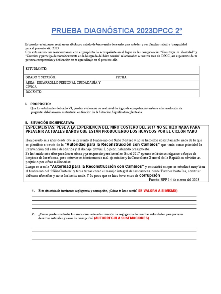 PRUEBA DIAGNÓSTICA DPCC SEGUNDO 2023 (3) Na | PDF | Corrupción política