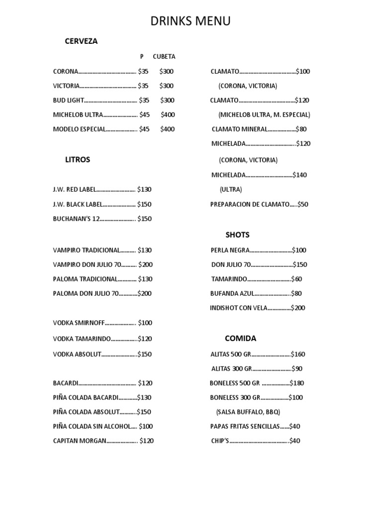 Menu | PDF | Bebidas alcohólicas | Bebidas Destiladas