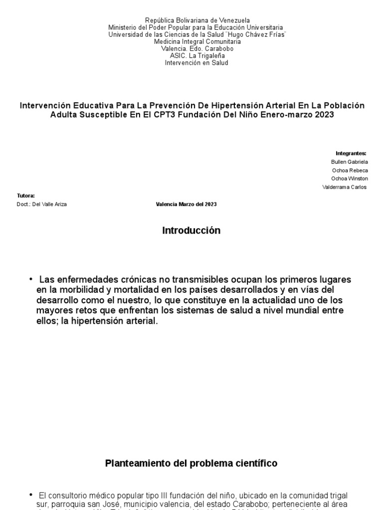 Intervención Educativa para La Prevención de Hipertensión Arterial en La Población Adulta ...
