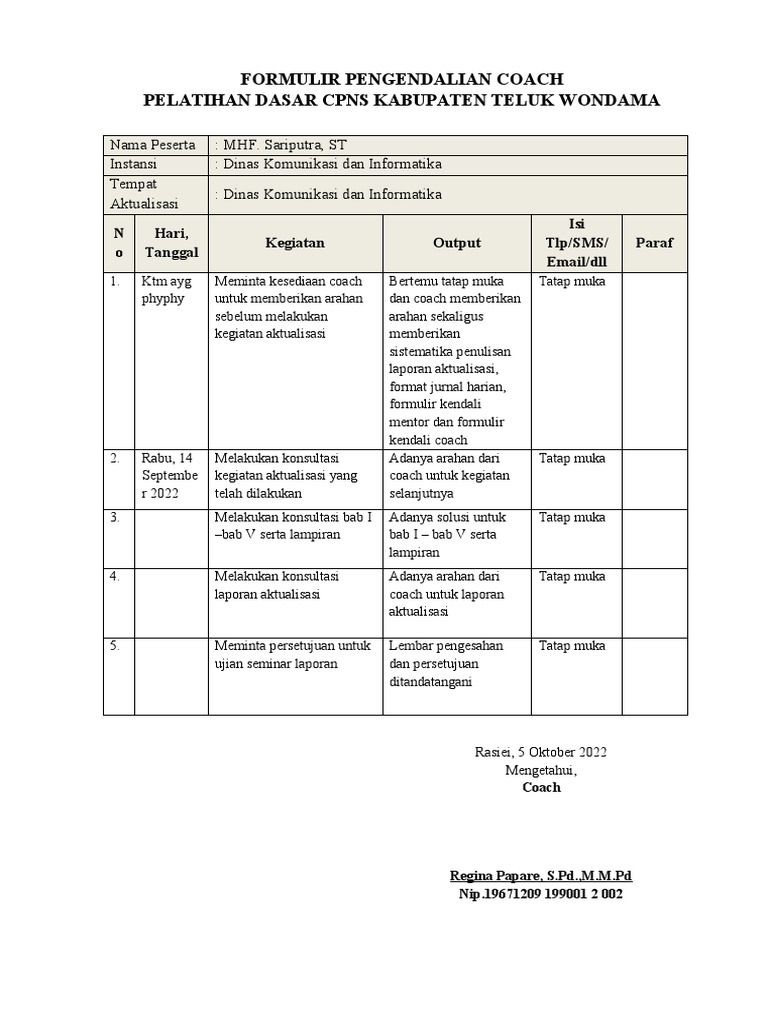 Formulir Kontrol Coach Pelatihan CPNS | PDF