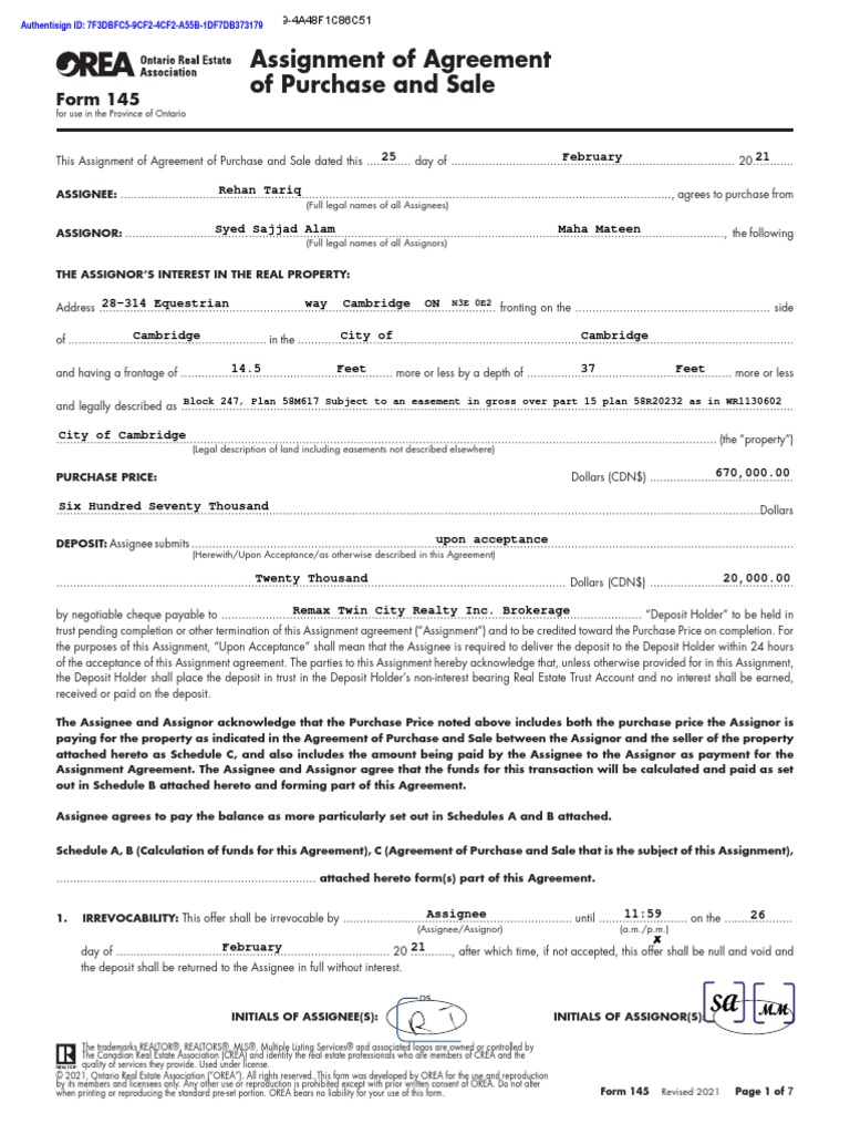 Assignment of Agreement of Purchase and Sale: Form 145 | PDF ...
