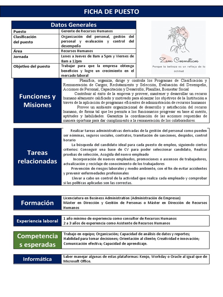 Fichas de Puesto - Gerente de Recursos Humanos | PDF | Gestión de recursos humanos | Economias