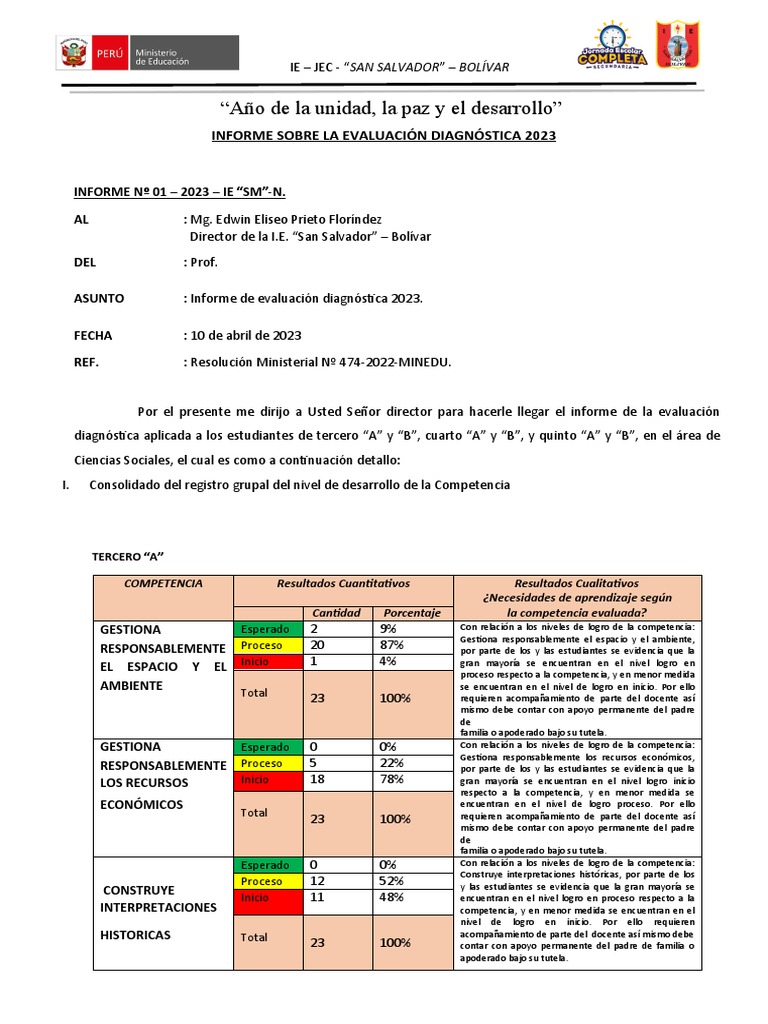 Informe de evaluacion diagnóstica | PDF | Maestros | Evaluación