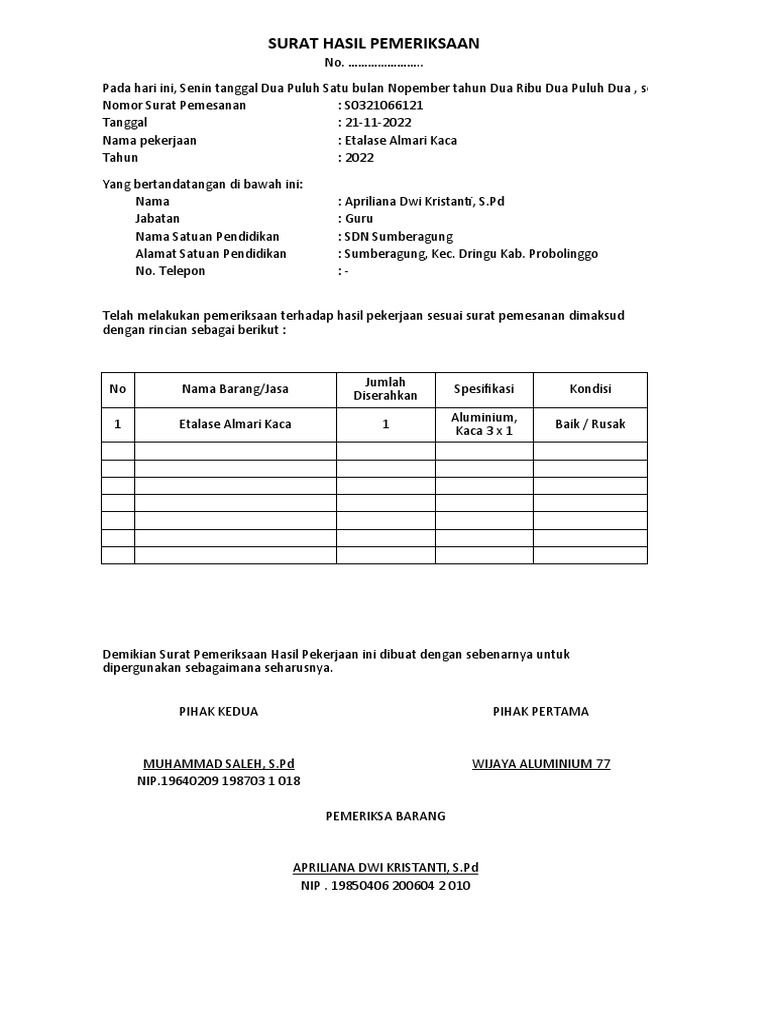 Surat Hasil Pemeriksaan | PDF