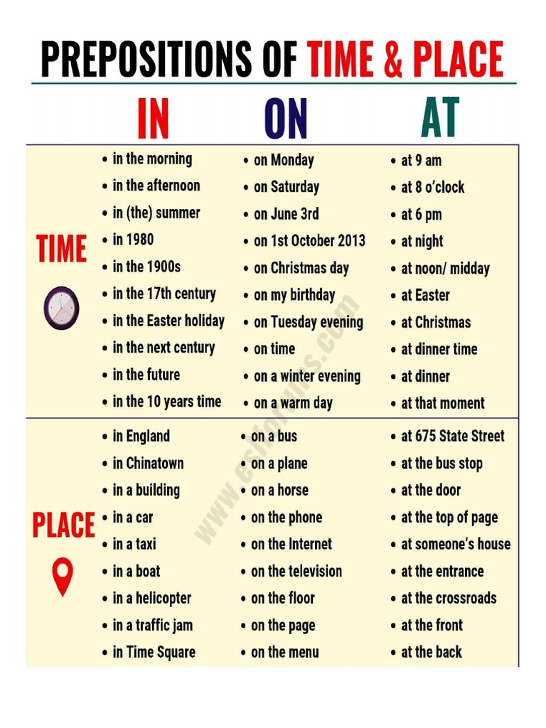 Prepositions of Time and Place 01 | PDF