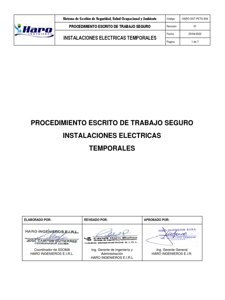 HARO-SST-PETS-004 - Procedimiento Instalaciones Electricas Temporales Rev.01 | PDF | Enchufes y ...