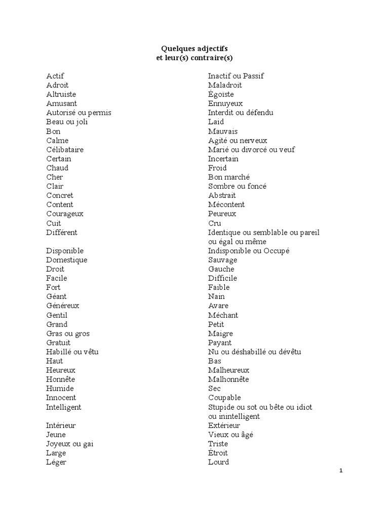 SUITE Adjectifs Et Contraires | PDF