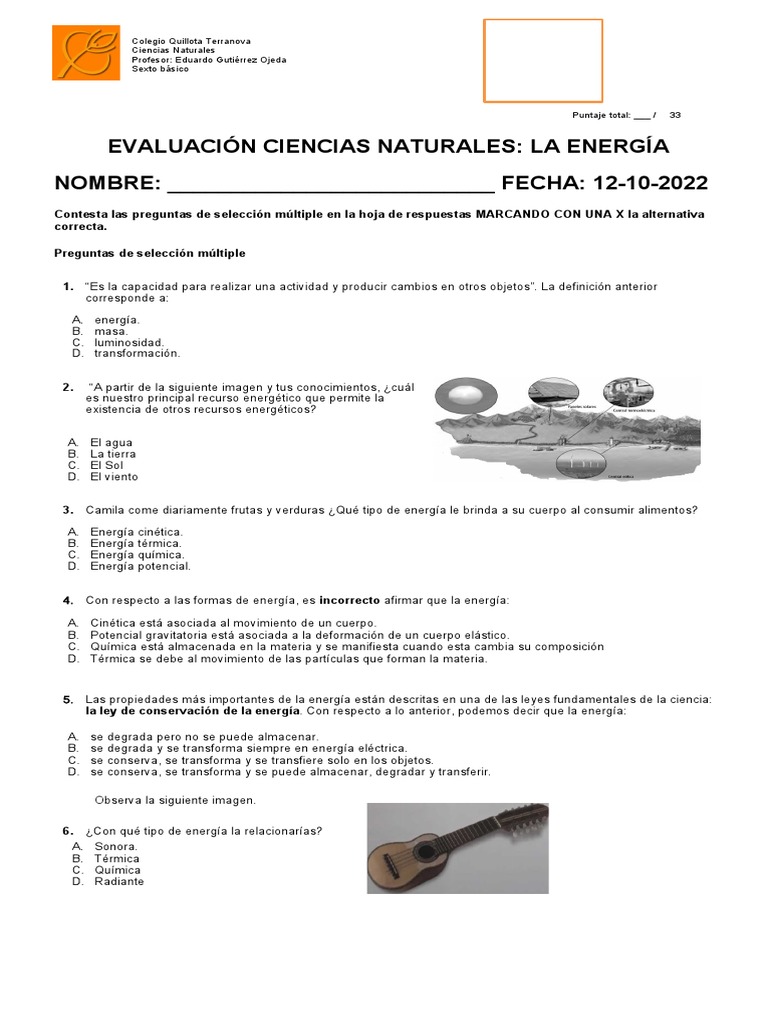 Evaluación Energía 6to Básico | PDF | Energía renovable | Energía eólica