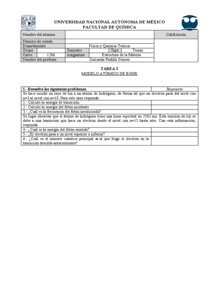 EM - Tarea 3. Modelo Atã Mico de Bohr | PDF | Métodos y materiales de enseñanza | Tecnología