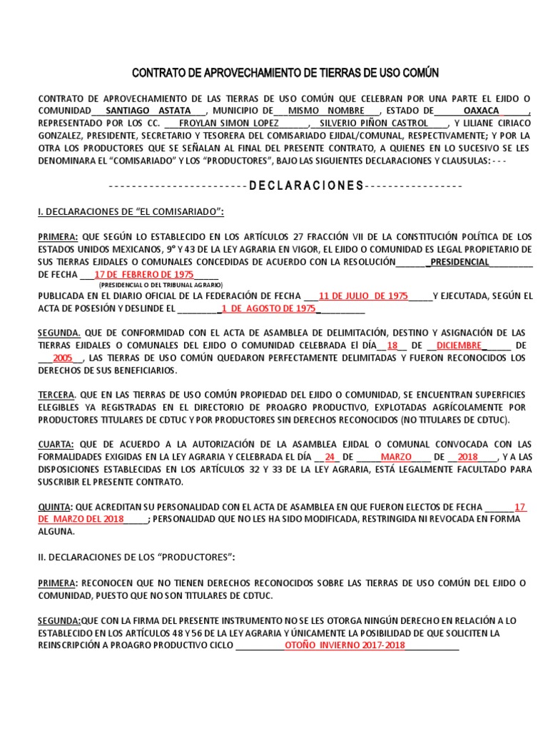 CONTRATO DE APROVECHAMIENTO DE TIERRAS DE USO COMÚN | PDF | Reforma ...