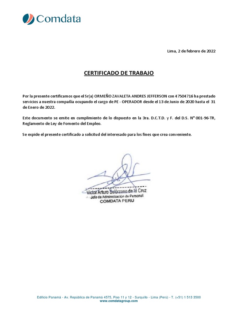 Certificado Comdata | PDF
