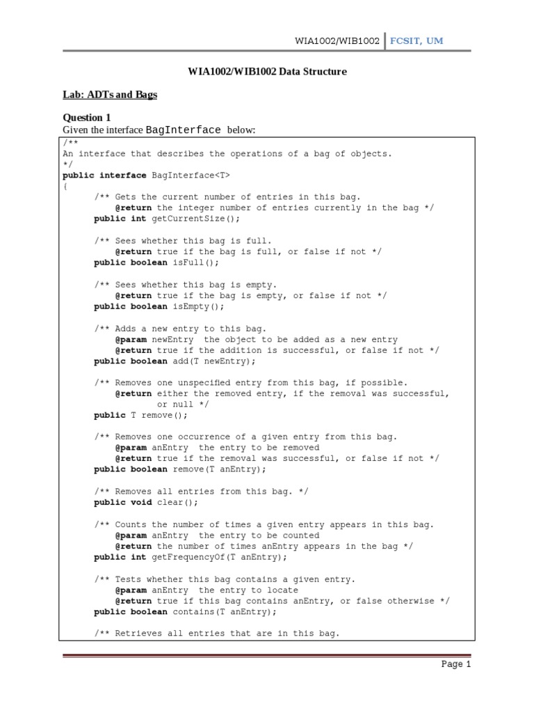 Lab - ADTs and Bags (Q) | PDF | Method (Computer Programming) | Boolean Data Type