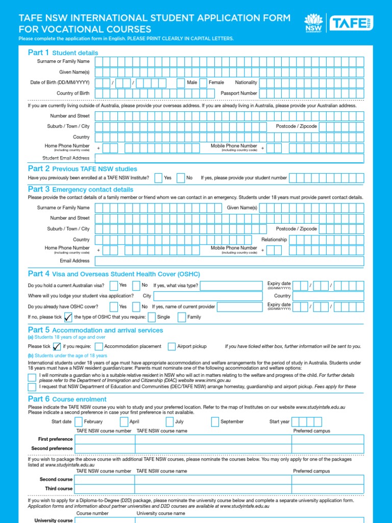 Tafe NSW International Student Application Form For Vocational Courses ...