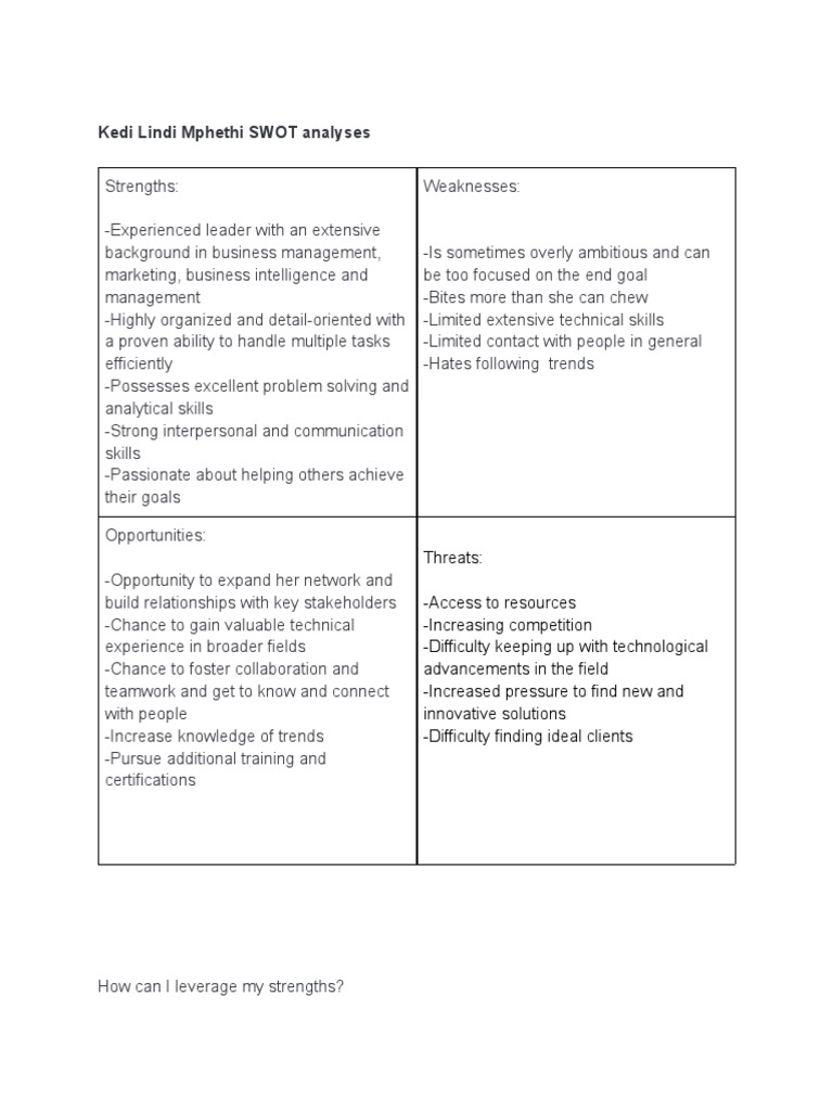 Kedi Lindi Mphethi SWOT Analysis Summary | PDF | Luck | Leadership