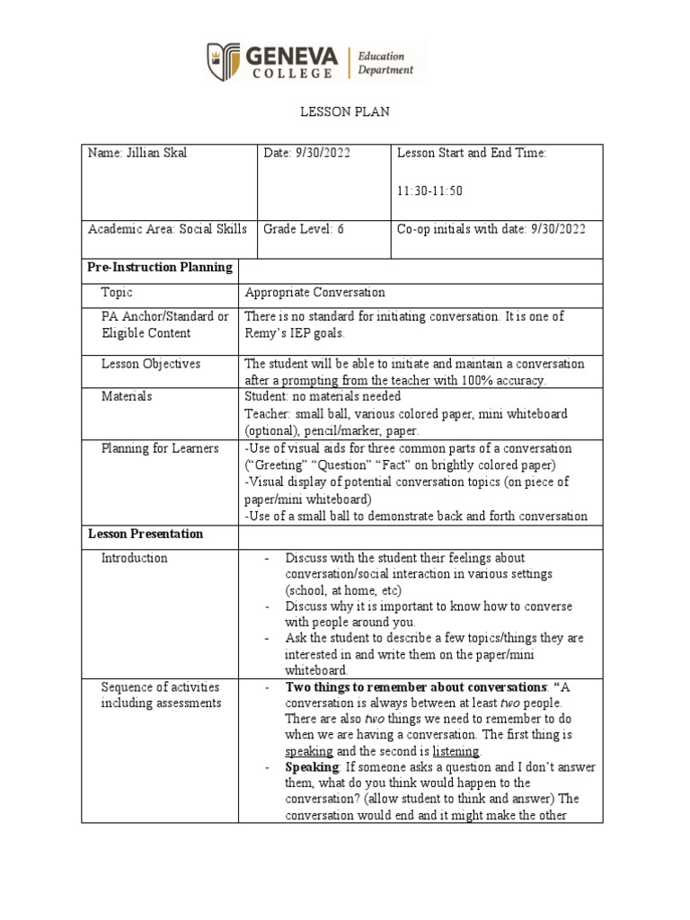 Social Skills Lesson | PDF | Conversation | Lesson Plan