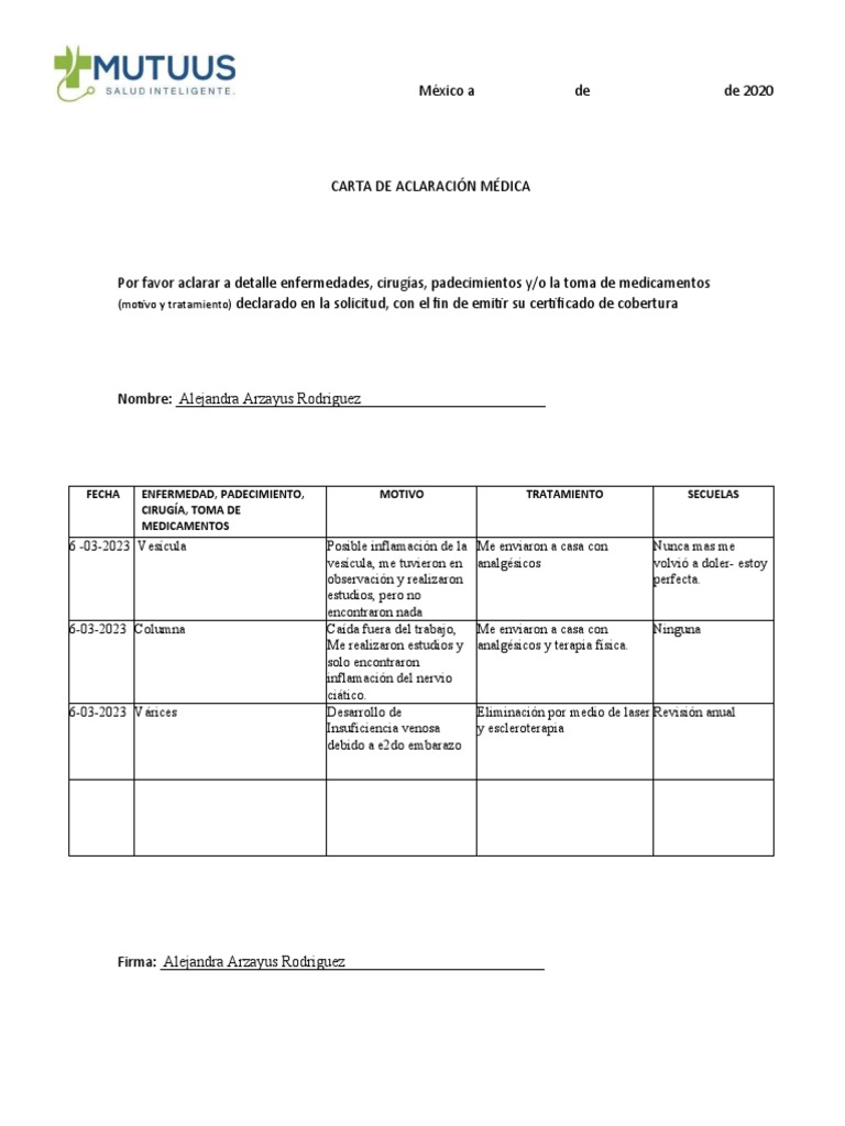 Carta Aclaracion Médica (1) AAR | PDF