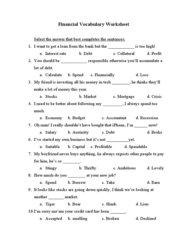 Financial Vocabulary Worksheet | PDF