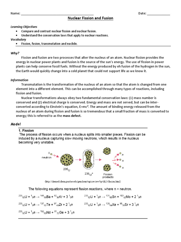Fission and Fusion Worksheet Guide | PDF | Nuclear Fusion | Atomic Nucleus