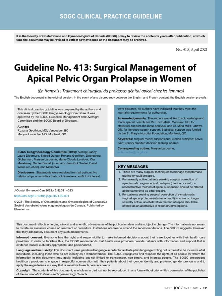 Guideline No. 413: Surgical Management of Apical Pelvic Organ Prolapse in Women | PDF | Urinary ...
