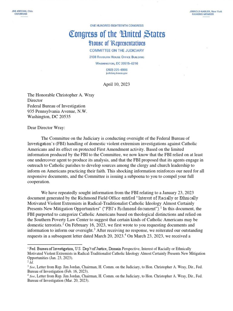 2023-04-10 JDJ To FBI - Wray Subpoena | PDF | American Government ...