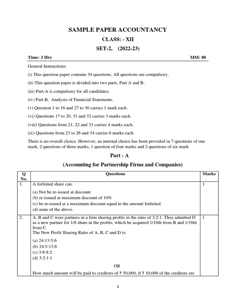 Sample Paper Accountancy: Class: - Xii SET-2, (2022-23) | PDF | Balance ...