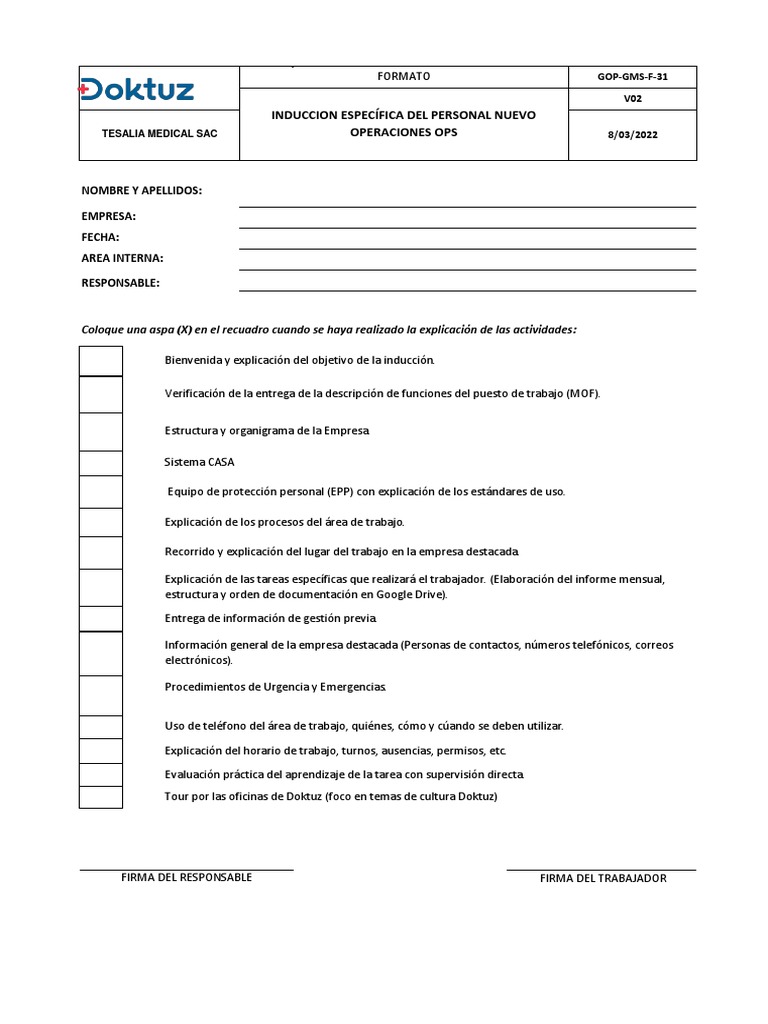 Formato de Inducción Específica Del Personal Nuevo | PDF