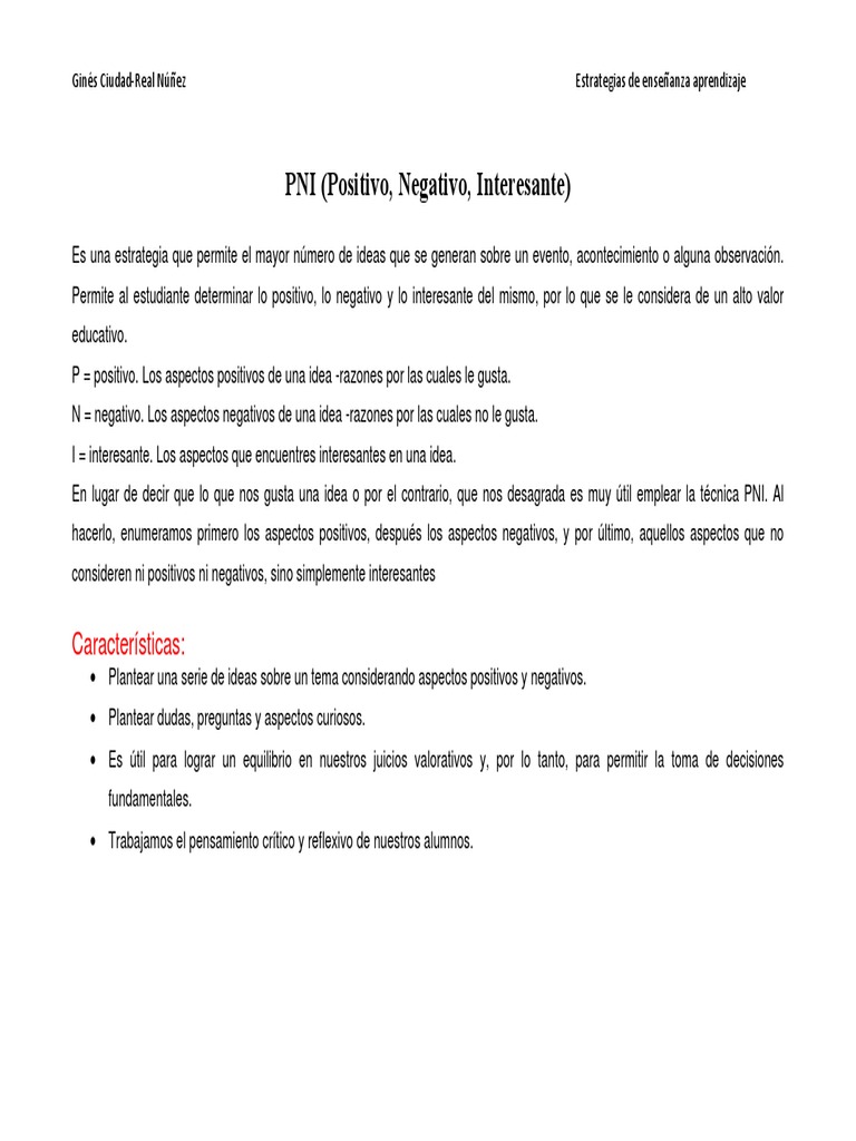 Tecnicas para Aprender A Pensar PNI Positivo Negativo Interesante | PDF ...