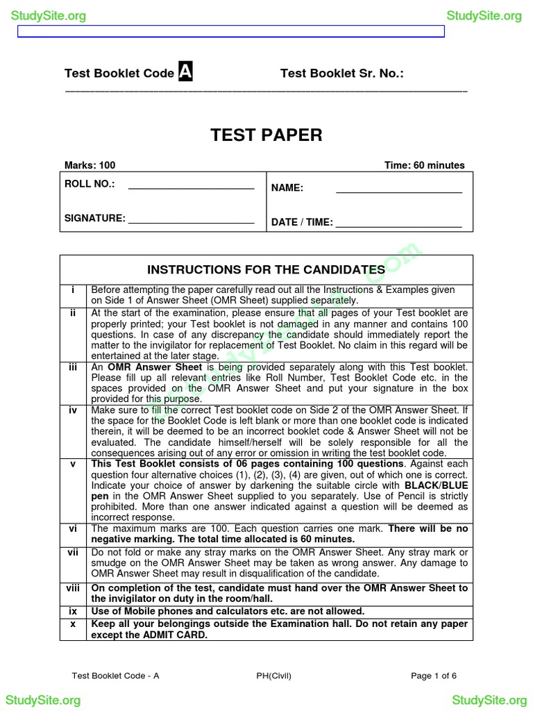 Test Paper: Test Booklet Code Test Booklet Sr. No. | PDF | Concrete ...