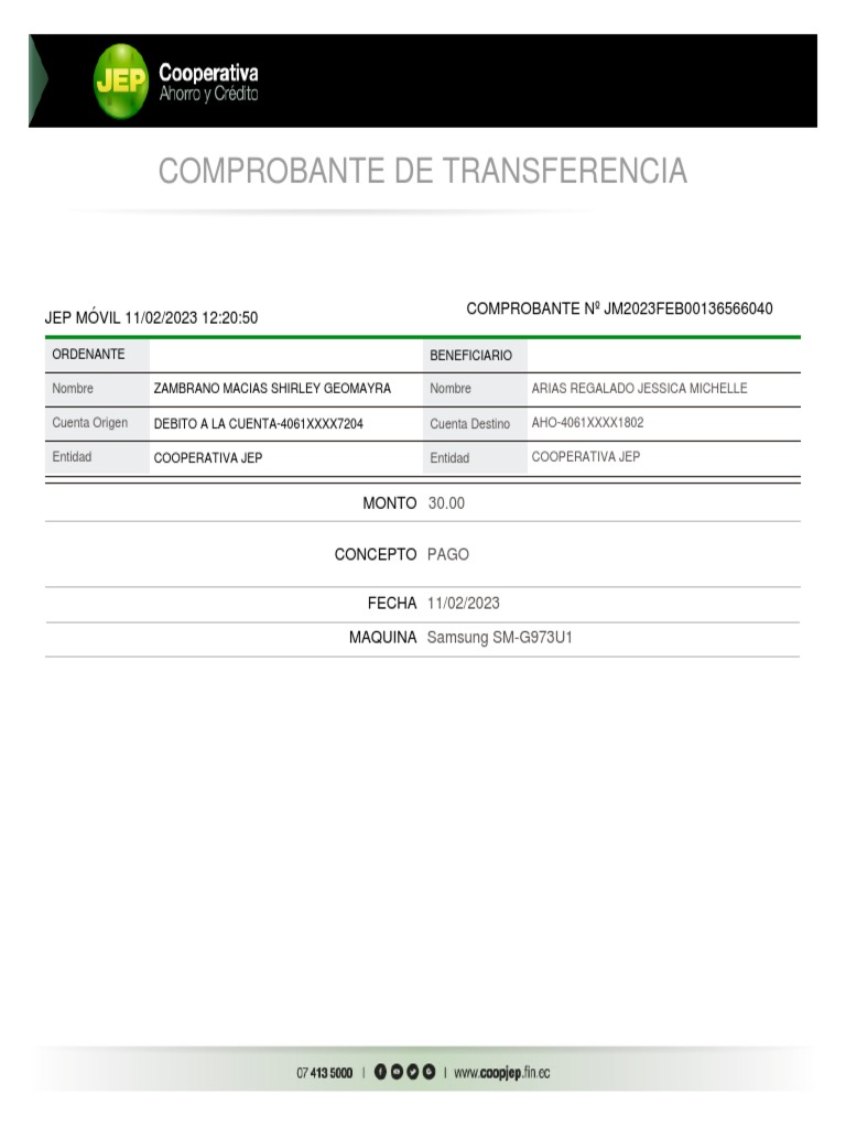 Comprobante de Transferencia: JEP MÓVIL 11/02/2023 12:20:50 COMPROBANTE #JM2023FEB00136566040 | PDF