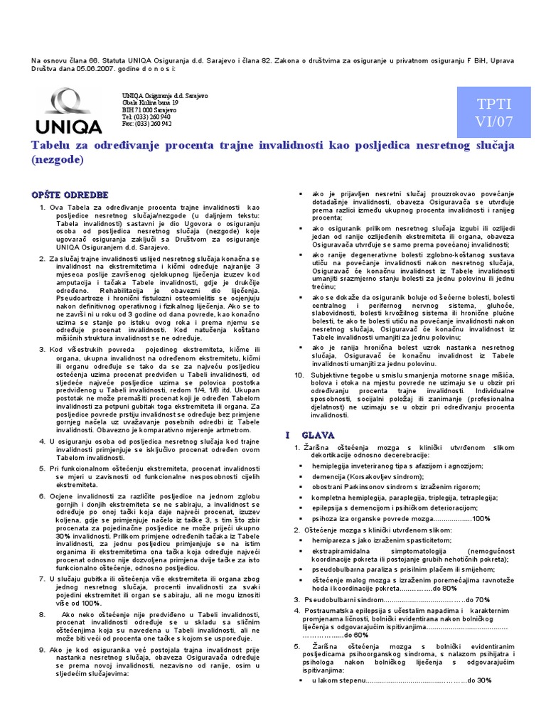 Uniqa Tabela Invalidnosti | PDF