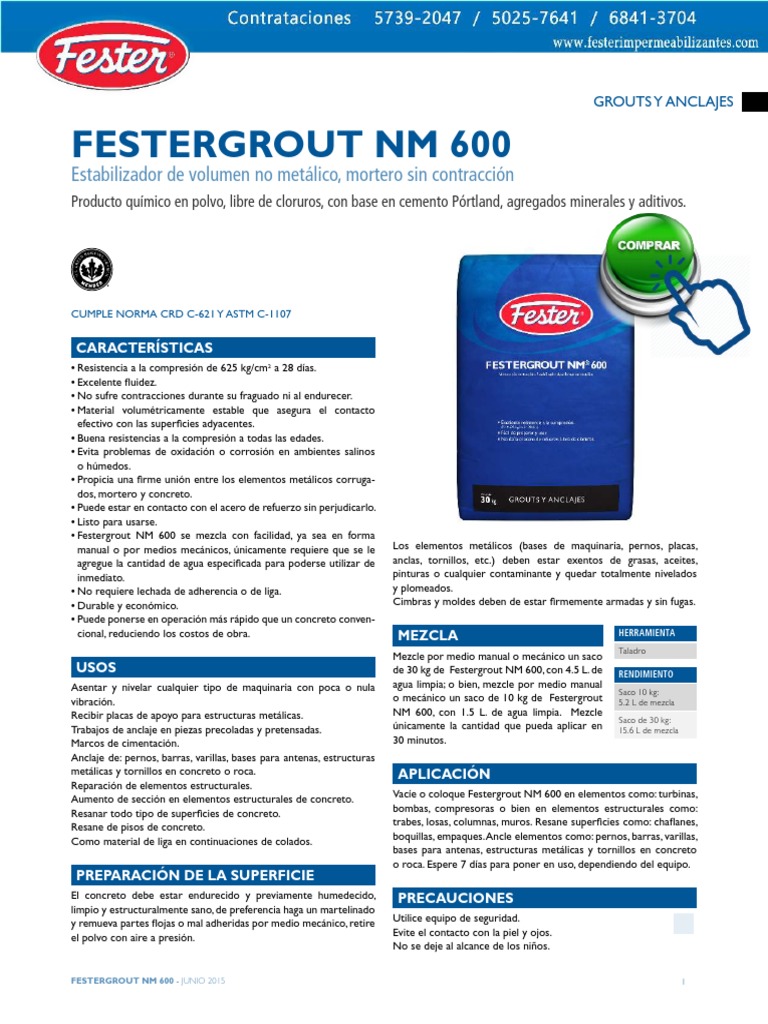 Festergrout NM 600: Estabilizador de Volumen No Metálico, Mortero Sin Contracción | PDF ...