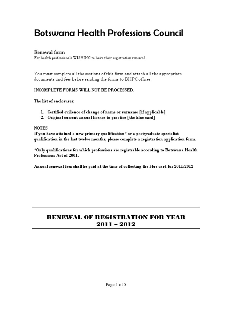 BHPC Registration Renewal Form 2011-2012 | PDF | Travel Visa ...