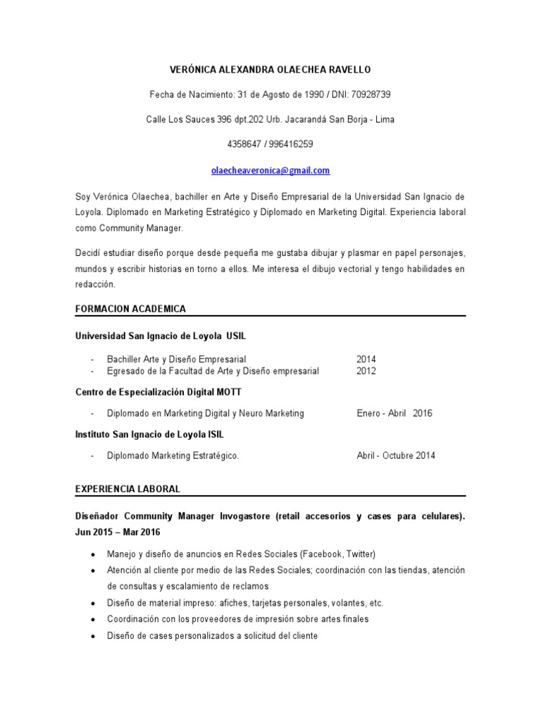 CV Veronica Olaechea 2016 | PDF | Marketing | Software