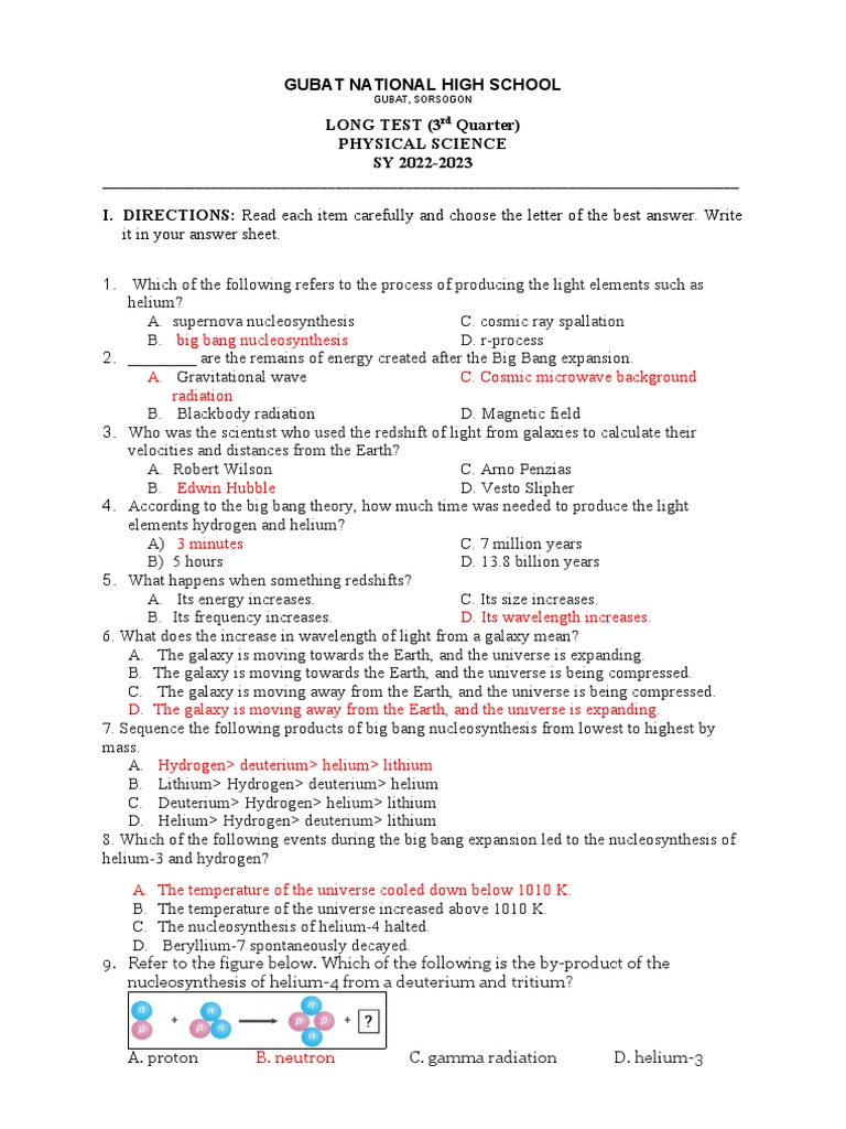 Long Quiz 1 Test (Physical Science) | PDF | Big Bang | Physical Sciences